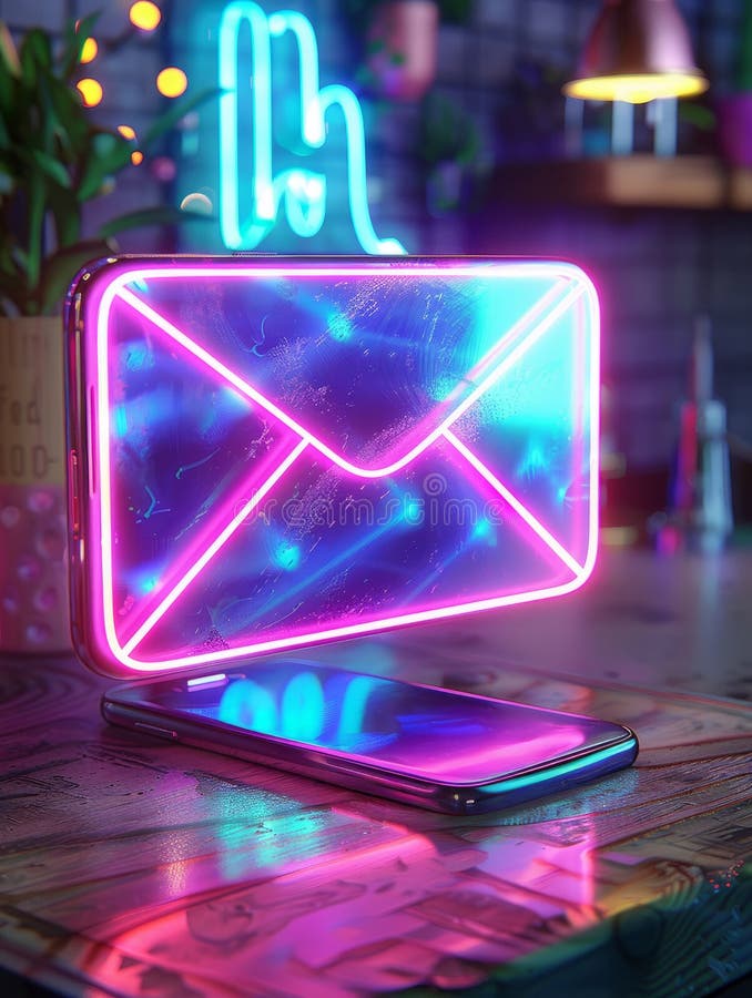 Neon Envelope Symbol on a Smartphone with a Glowing Effect. Stock Image ...
