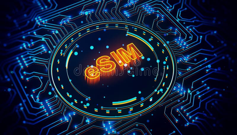 Neon ESIM Text in a Digital Circuit Holographic Style Background. 3D ...