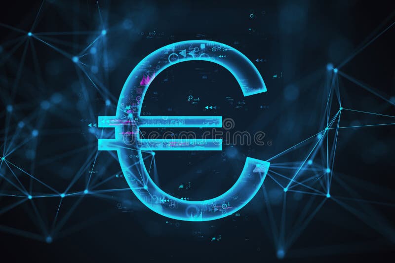 Neon Euro Symbol with Digital Graphics on Dark Background. 3D Rendering ...