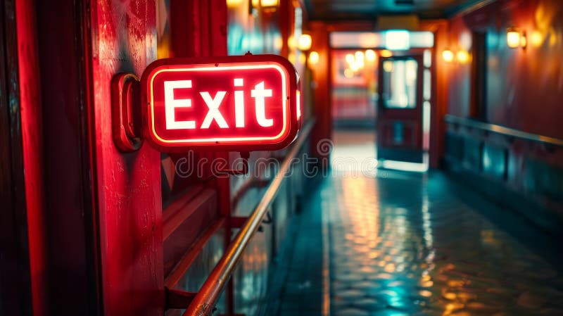 A Neon Exit Sign in a Corridor Stock Photo - Image of departure, safety ...
