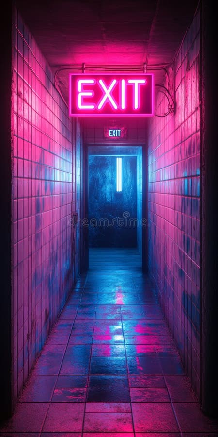 Neon Exit Sign in Dark Corridor with Colorful Futuristic Lighting ...