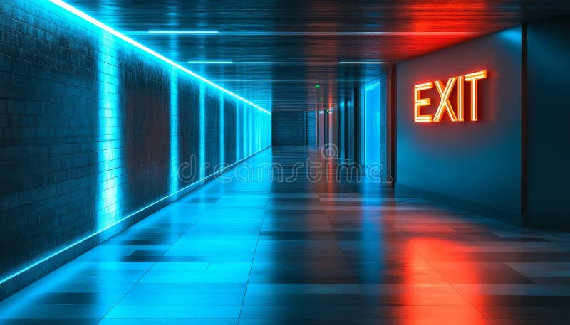 Neon Exit Sign in Futuristic Corridor, Emergency Evacuation Route with ...