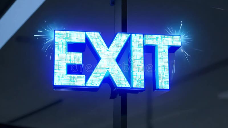Neon Exit Sign Glowing with Digital Patterns. Sparks Flying Off the ...