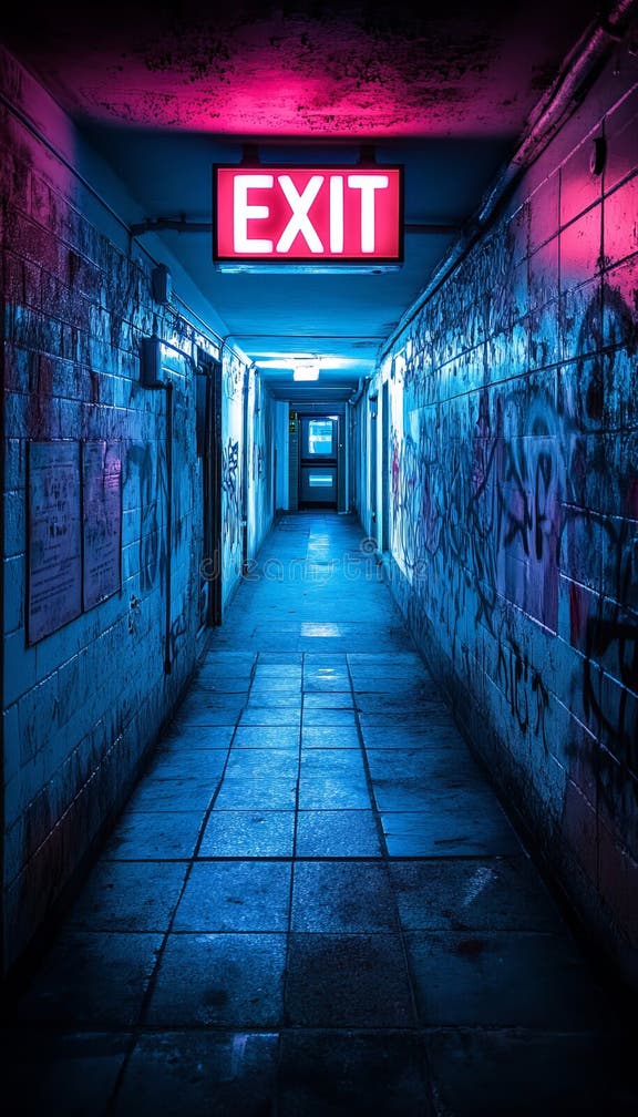 Neon Exit Sign Illuminates Dark, Graffiti-Covered Corridor during ...
