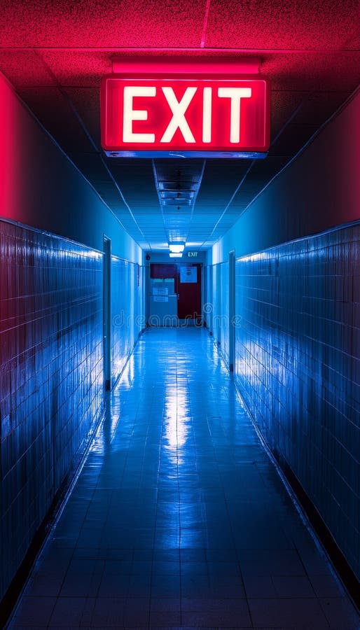 Neon Exit Sign Illuminates Empty Hallway, Providing Guidance during ...