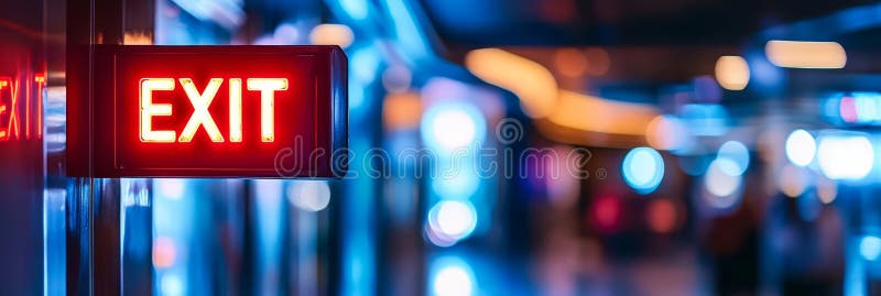 Neon Exit Sign Illuminates Evacuation Route in Blurred Hallway with ...