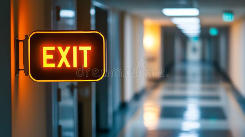 Neon Exit Sign Illuminates Evacuation Route in Corridor, Providing ...