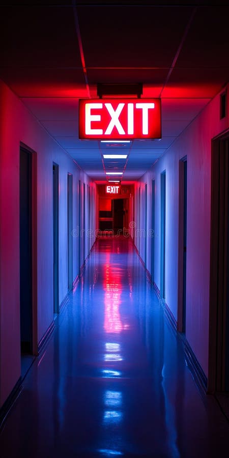 Neon Exit Sign Illuminating Corridor for Emergency Evacuation with Red ...
