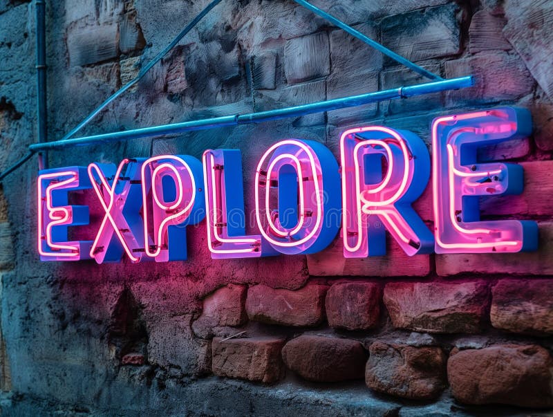 A Neon Explore Sign Hanging on a Brick Wall Next To Bricks Stock Image ...