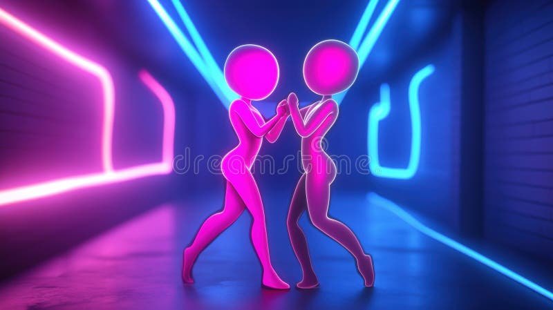 Neon Figures in Futuristic Dance Pose Amidst Vibrant Glowing Lights, AI ...