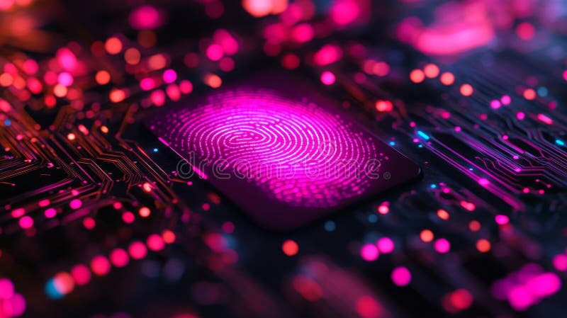 Neon Fingerprint Scan on Circuit Board, Cybersecurity and Data ...