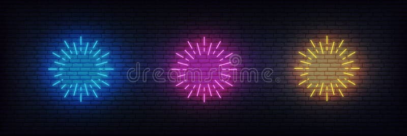 Neon Firework Burst. Set of Glowing Neon Firework Signs Stock Vector ...
