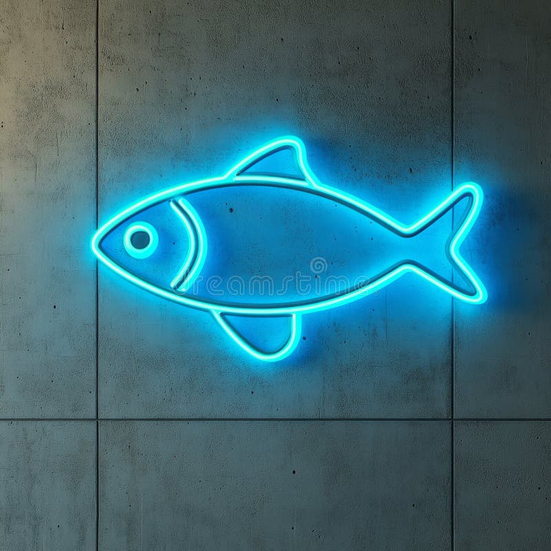 Neon Fish Sign Glowing on a Concrete Wall. Stock Image - Image of urban ...