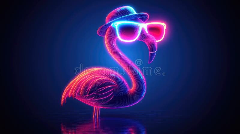 Neon Flamingo with Hat and Glasses in Futuristic Glow Stock ...