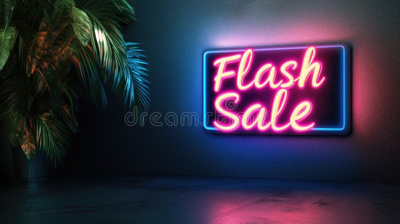 Neon Flash Sale Sign with Palm Leaves in Dark Ambient Setting Stock ...