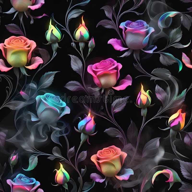 Neon Floral Pattern with 3D Roses on Black Background Stock ...