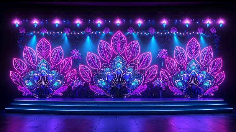 Neon Floral Stage Design with Illuminated Steps Stock Illustration ...