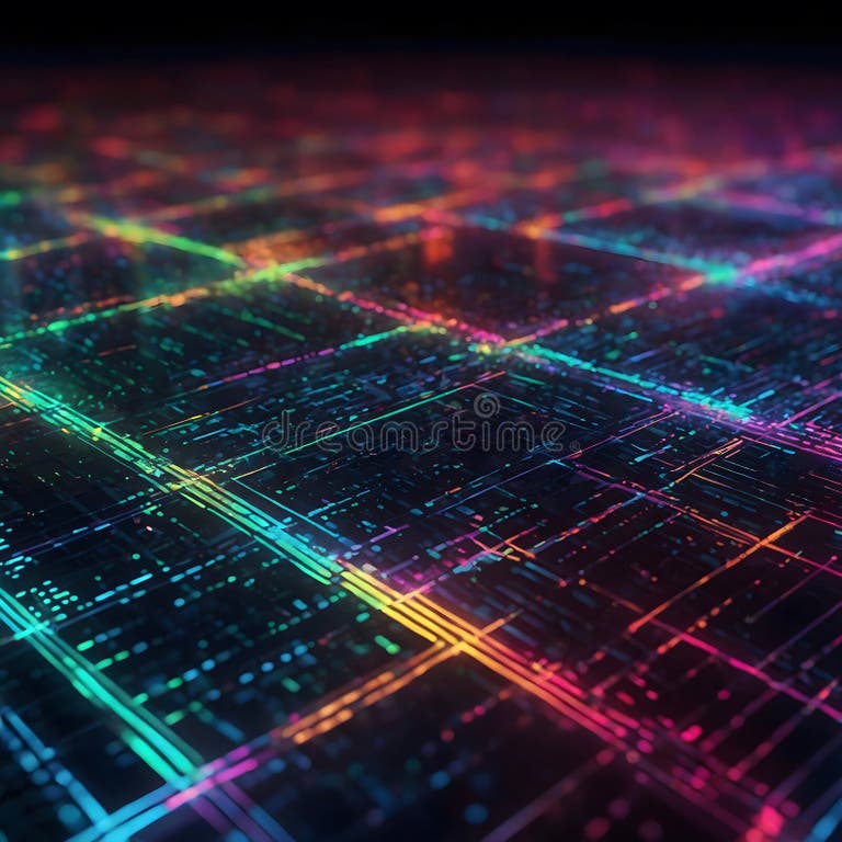 Neon Flow and Binary Code in a Futuristic Holographic Grid with Digital Data Stock Photo - Image ...