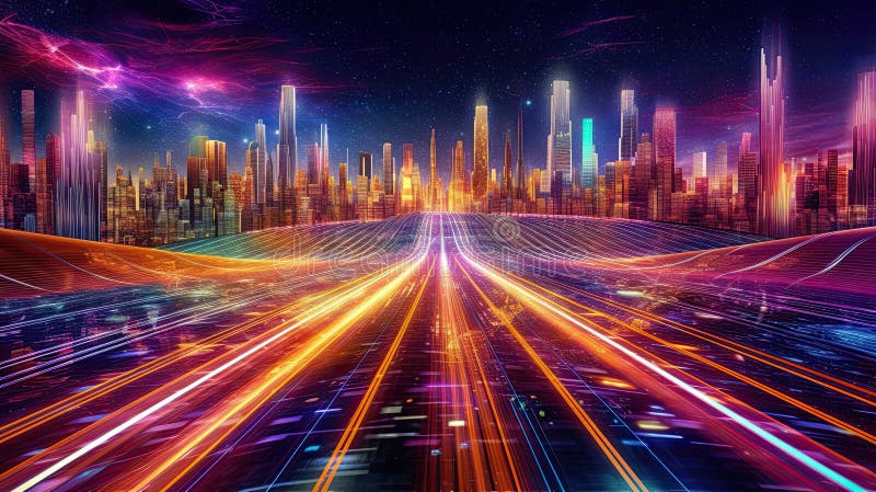 Neon Fluorescent Lights Background. Digital Data Flow Road. Cyber ...