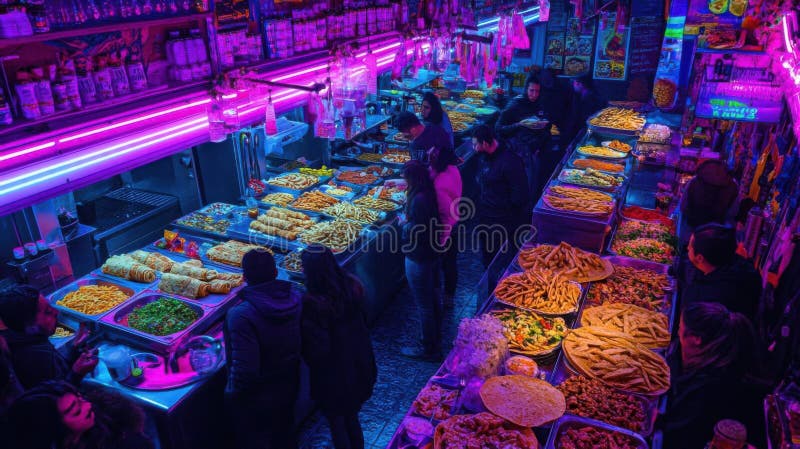 Neon Food Market Buffet stock illustration. Illustration of delicious ...