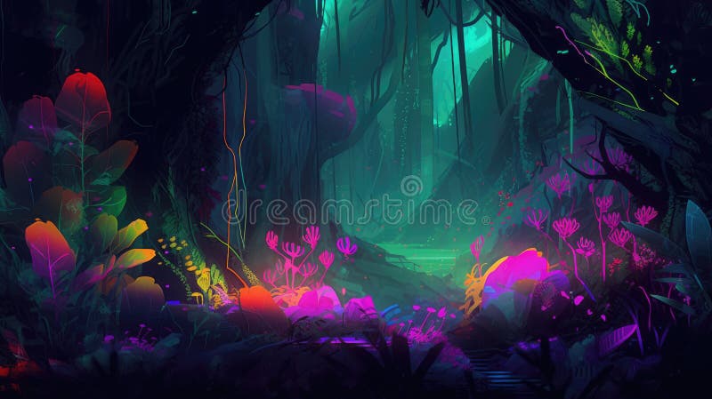 A Neon Forest in the Midst of a Thunderstorm, with Lightning ...