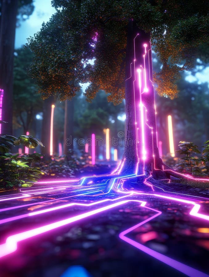 Neon Forest Path Futuristic Forest Glowing Neon Paths Technological ...