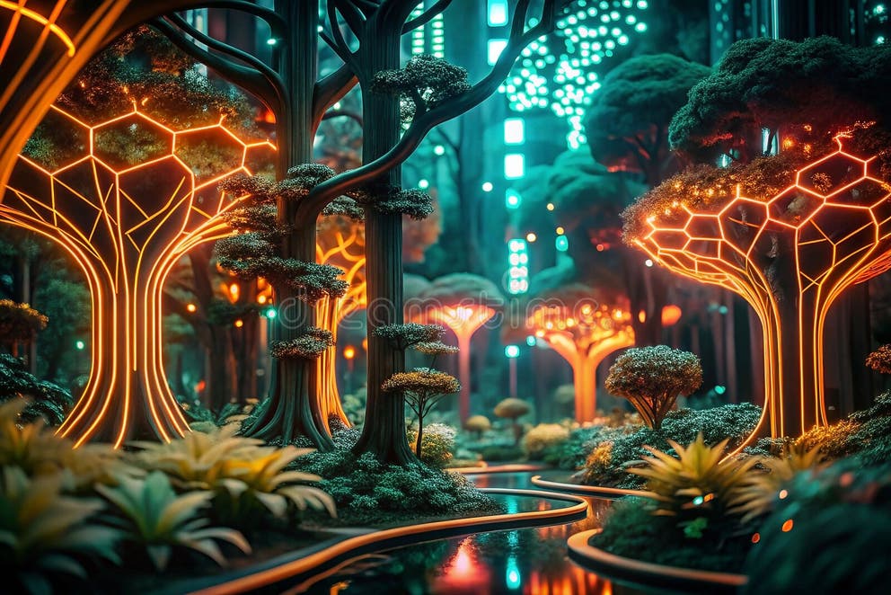 Neon Forest Pathway at Night Futuristic, Glowing Trees, Water ...