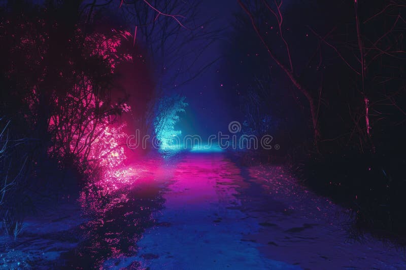 Neon Forest Pathway at Night with Vibrant Pink and Blue Lights Stock ...
