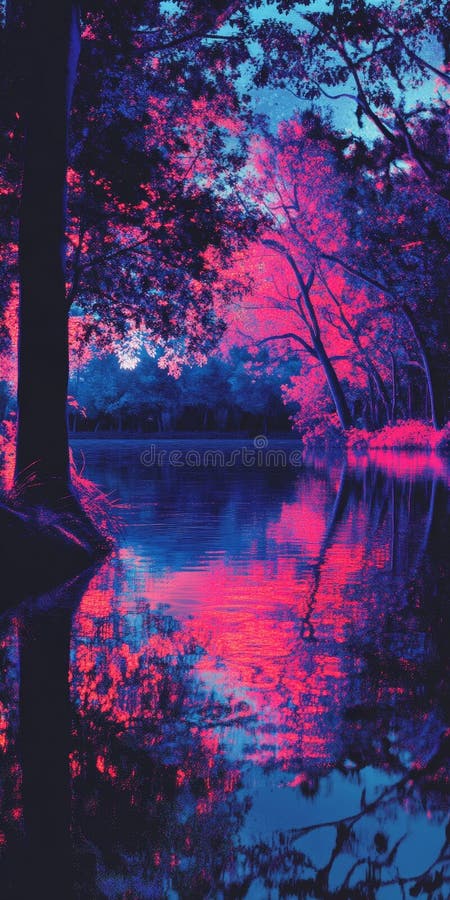Neon Forest River Reflection Stock Illustration - Illustration of ...