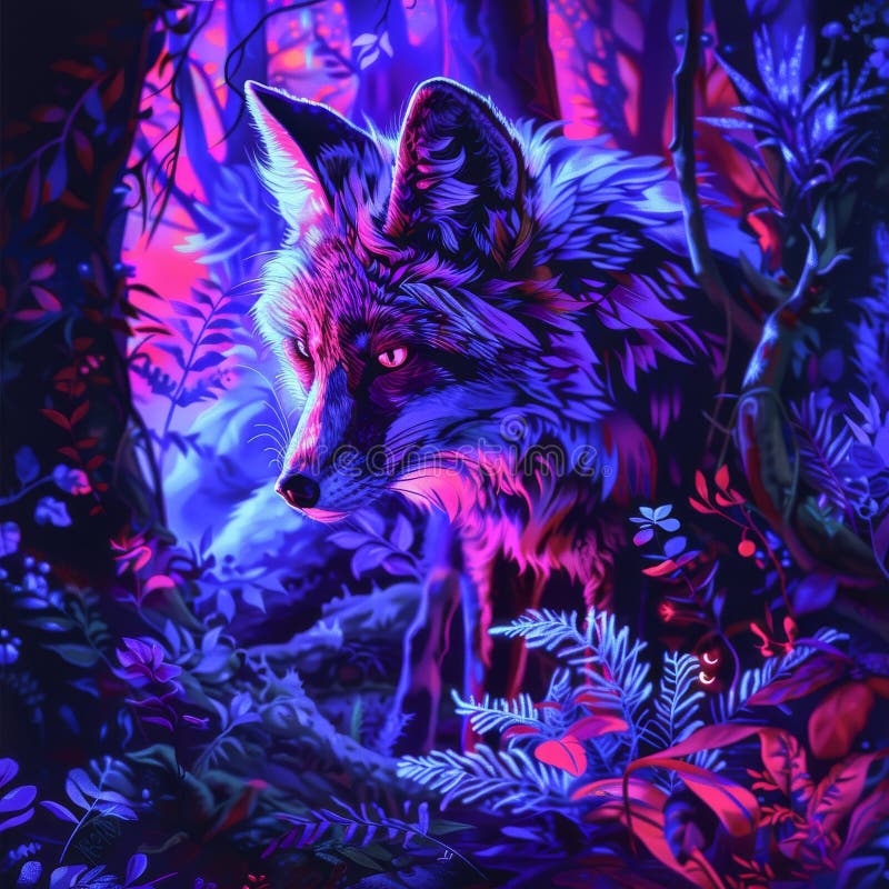 Neon Fox Camouflaged in a Neon Lit Forest Stock Illustration ...