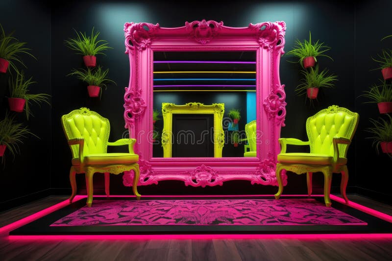 Neon Frame on a Black Wall with a Reflective Floor Stock Photo - Image ...
