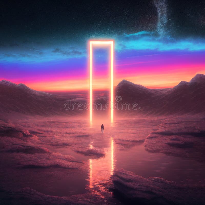 Neon Frame with Blue Neon Frame in the Mountain. Space Background with ...