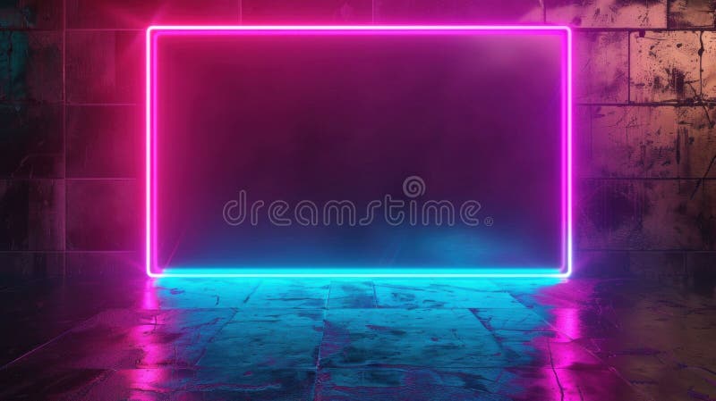 Neon Frame with Glowing Blue and Pink Lights in a Dark, Reflective ...