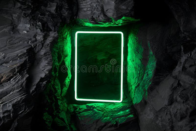 Neon Frame Glows Green on Rugged Rocks, Contrasting Natural and ...