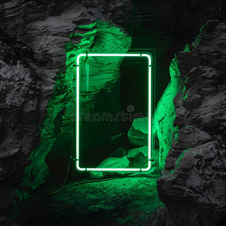 Neon Frame Glows Green on Rugged Rocks, Contrasting Natural and ...