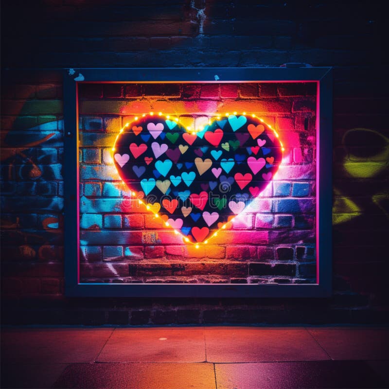 Neon Frame with Hearts on a Brick Wall, Graffiti, Neon Lights Stock ...