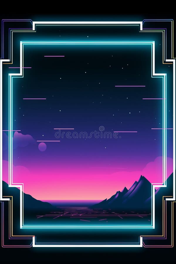 A Neon Frame with Mountains and a Starry Night Sky Stock Illustration ...