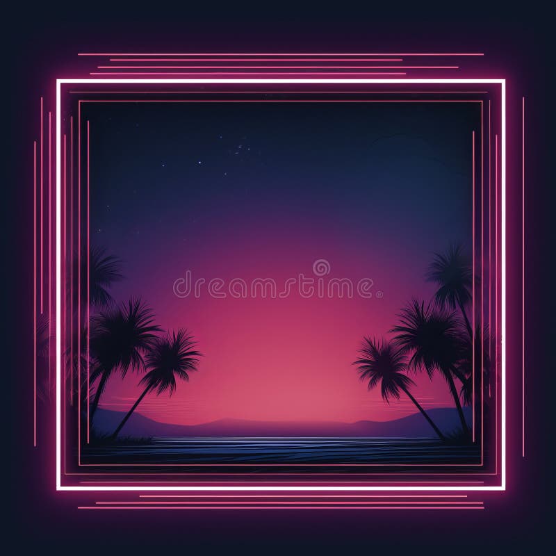 Neon Neon Frame with Palm Trees and the Ocean at Sunset Stock ...