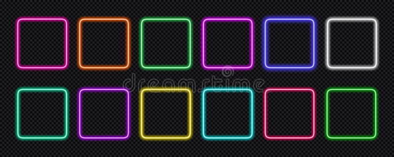 Neon Frame Square Set. Glowing Coloful Rounded Rectangle Borders Stock ...