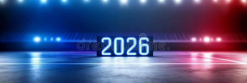 2026 Neon Future Countdown Glowing Neon Numbers 2026 on a Dark Arena ...