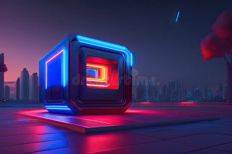 Neon Futuristic Cube Generative AI Stock Illustration - Illustration of ...
