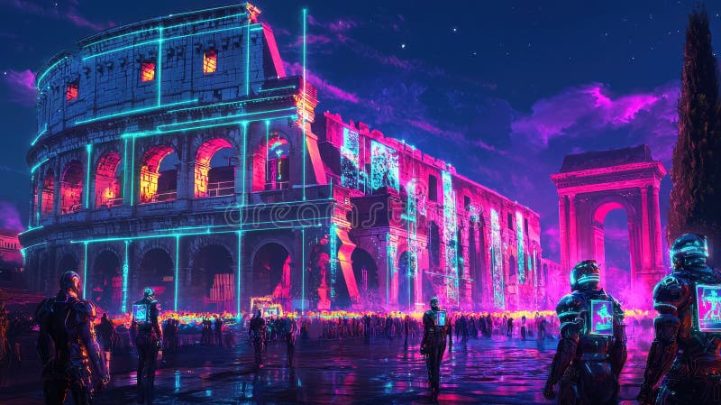Neon Futuristic Rome: Digital Architecture and Crowd at Night Stock ...