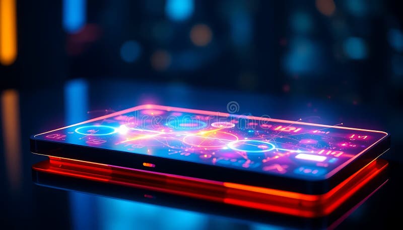 Neon Futuristic Tablet Glowing Interface Digital Data Network Stock ...