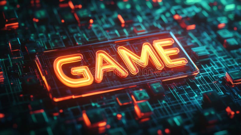 Neon Game Text on a Circuit Board Background Stock Illustration ...