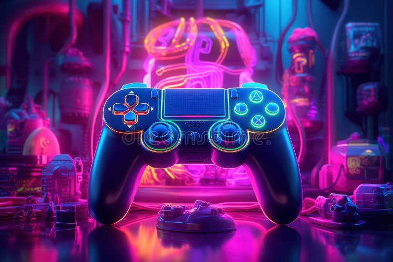 Neon Gaming Joystick by Generative AI Stock Illustration - Illustration ...