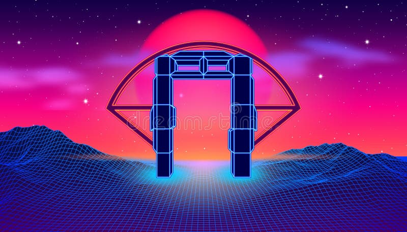 Neon Gate on the Blue Synthwave Grid Landscape. Neon Sunset with Portal ...