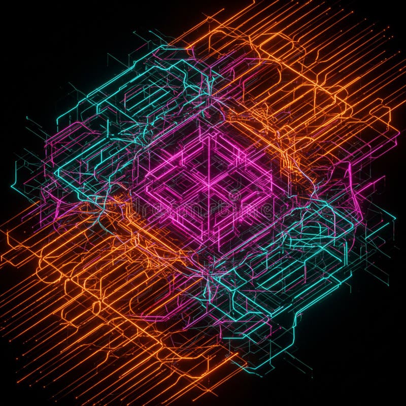 Neon Geometric Design Featuring Overlapping Hexagonal and Grid Patterns ...