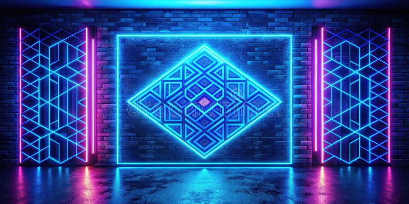 Neon Geometric Pattern on Brick Wall with Glowing Lines. Generative AI ...