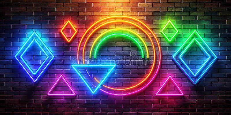 Neon Geometric Shapes on Brick Wall - a Rainbow of Light Stock ...