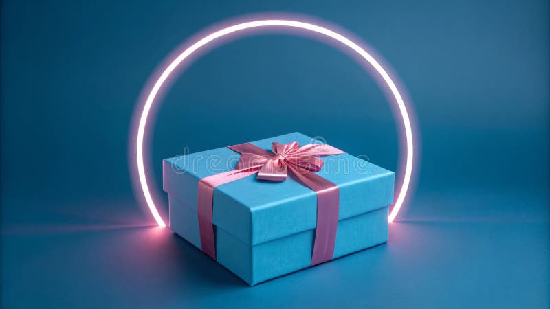 Neon Gift Blue Box, Pink Bow, Circular Light Stock Illustration ...
